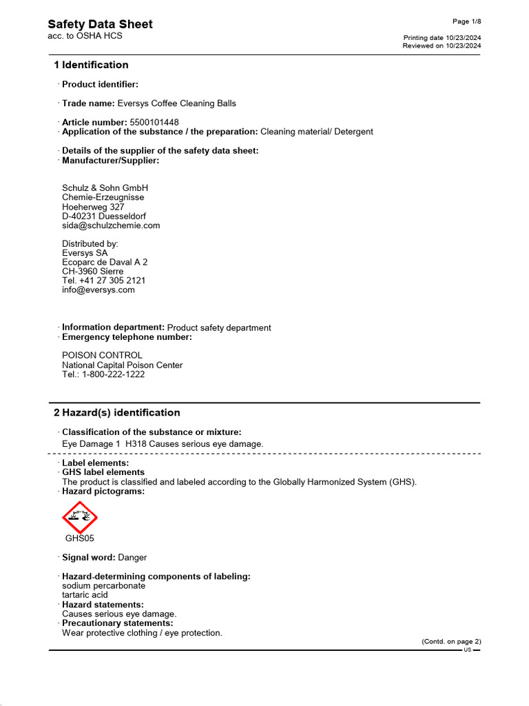 Eversys Coffee Cleaning Balls 5500101448 US EN | PDF | Dangerous Goods ...