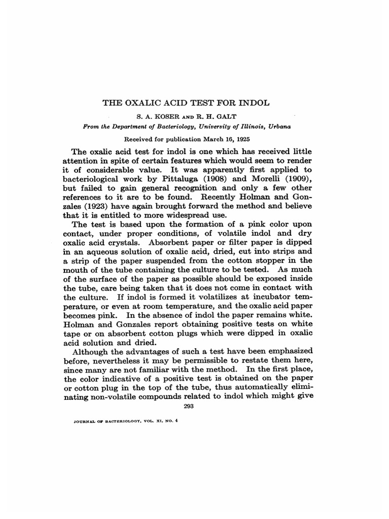 Koser Galt 1926 The Oxalic Acid Test For Indol | PDF | Ph | Acid