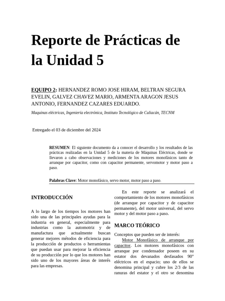 Equipo 2 Reporte de Prácticas U5 MaqElec (07-08) | PDF | Corriente eléctrica | Motor eléctrico