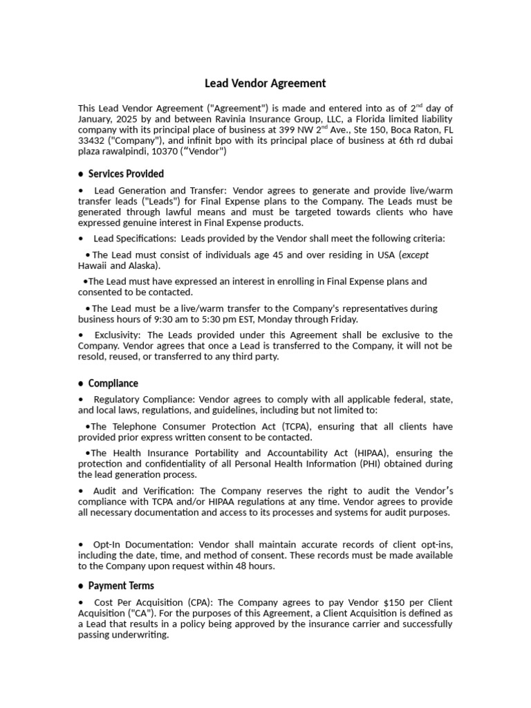 Lead Vendor Agreement - Infinit Bpo2 | PDF | Indemnity | Non Disclosure Agreement