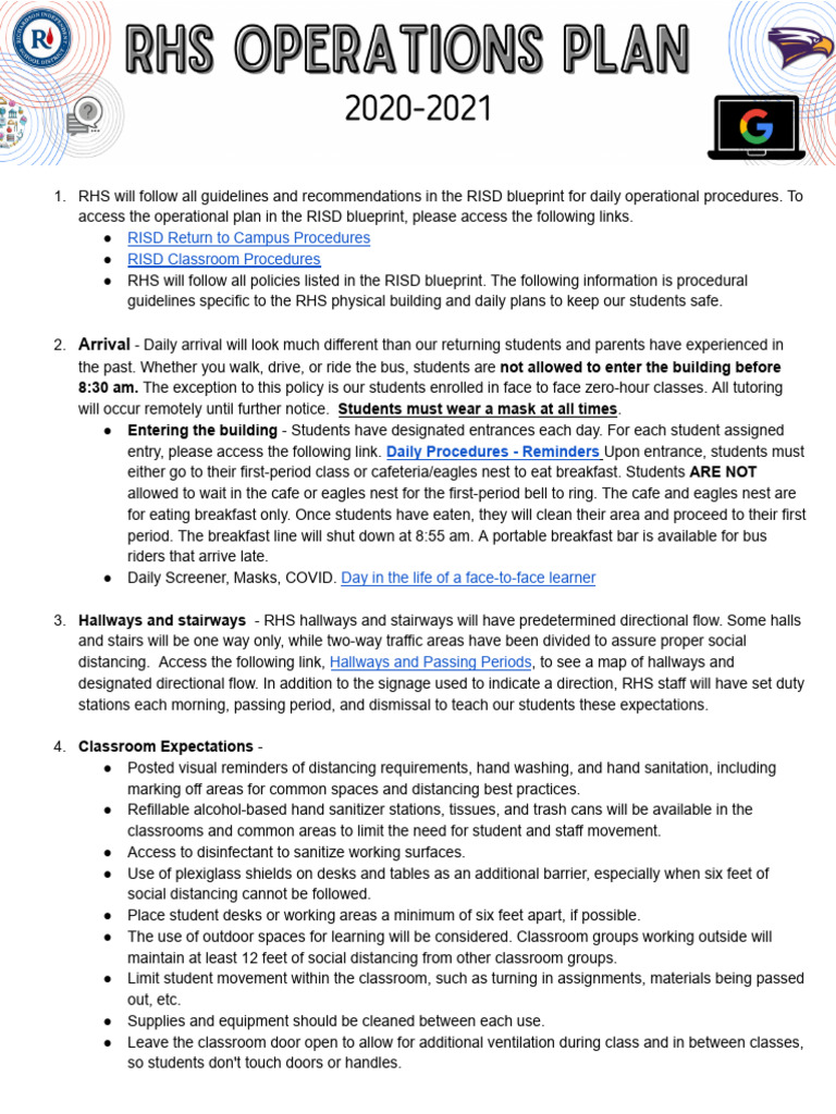 Richardson High School Operations Plan - 2020-2021 | PDF | Classroom
