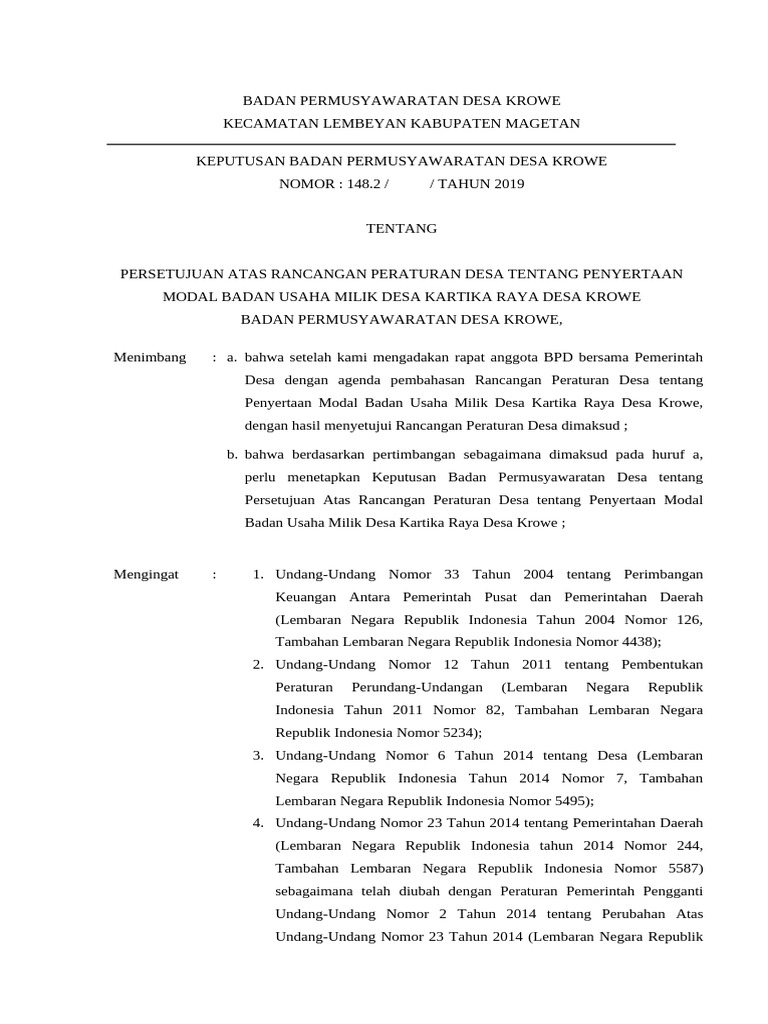 Persetujuan BPD DAN PERDES PENYERTAAN MODAL BUMDESA Krowe | PDF