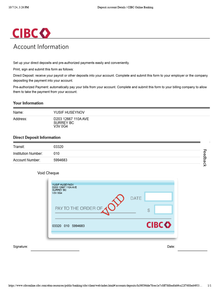 Deposit Account Details - CIBC Online Banking | PDF
