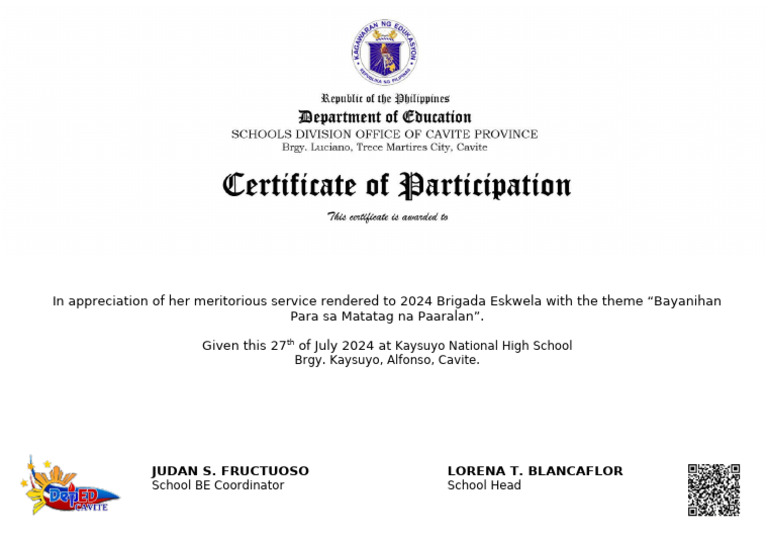Certificate of Participation Brigada 2024 2025 | PDF