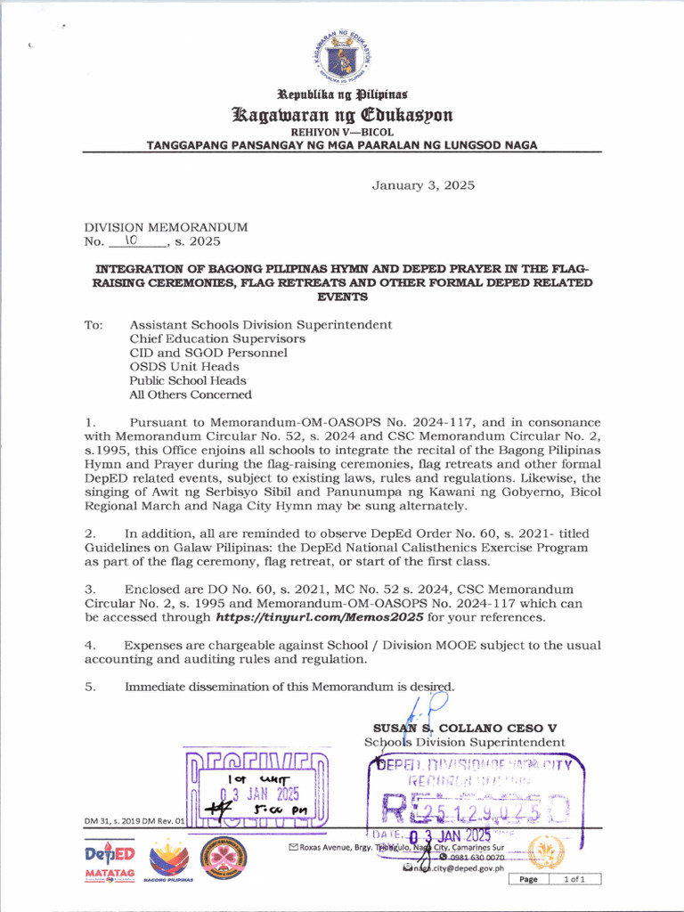 DM No. 10, S. 2025 Integration of Bagong Pilipinas Hymn and DepEd ...