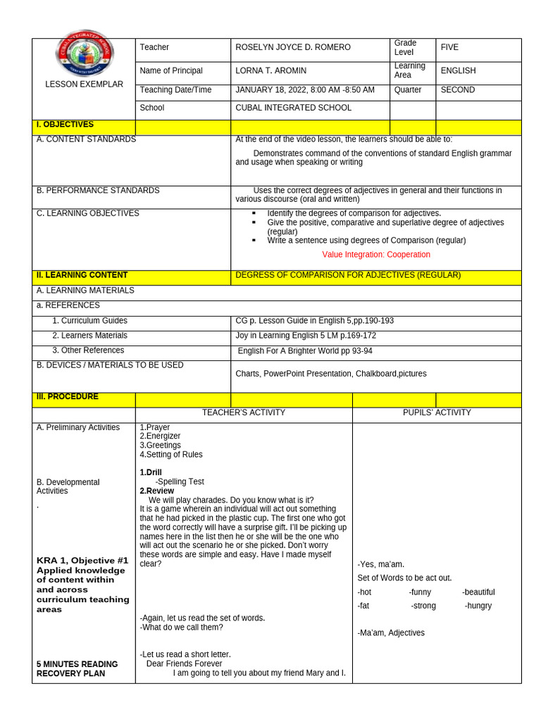 Grade 5 English Lesson Plan | PDF | Linguistics