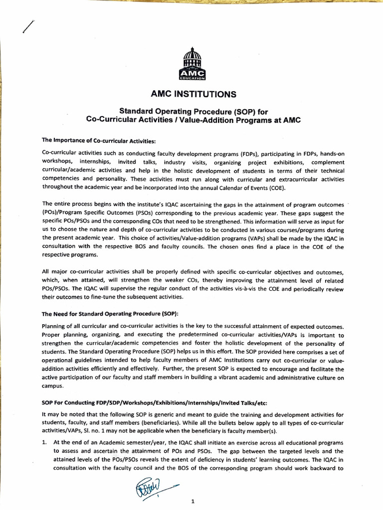 SOP For CoCurricular Activities and Value Addition Programs at AMC | PDF