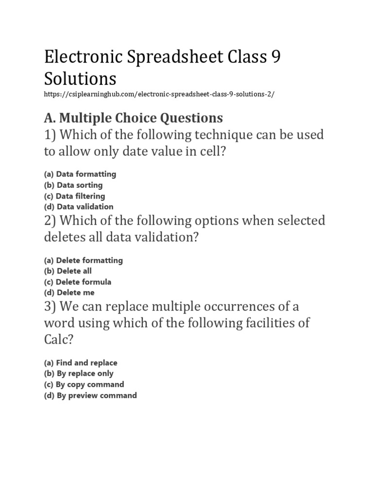 Electronic Spreadsheet Class 9 Solutions | PDF | Spreadsheet | Worksheet