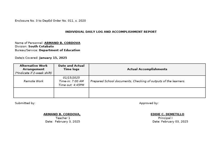 Daily Accomplishment Report 2025 | PDF