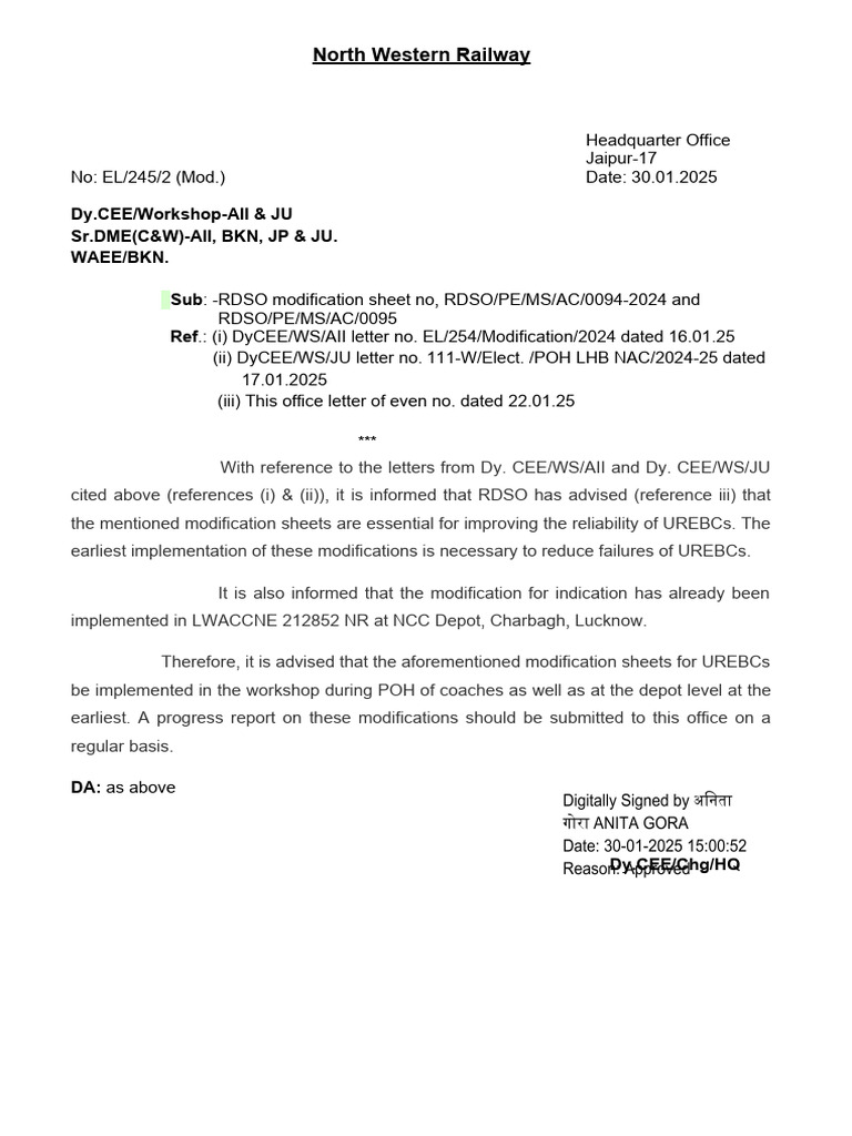 RDSO Modification Sheet No RDSOPEMSAC0094-2024 and RDSOPEMSAC0095 | PDF