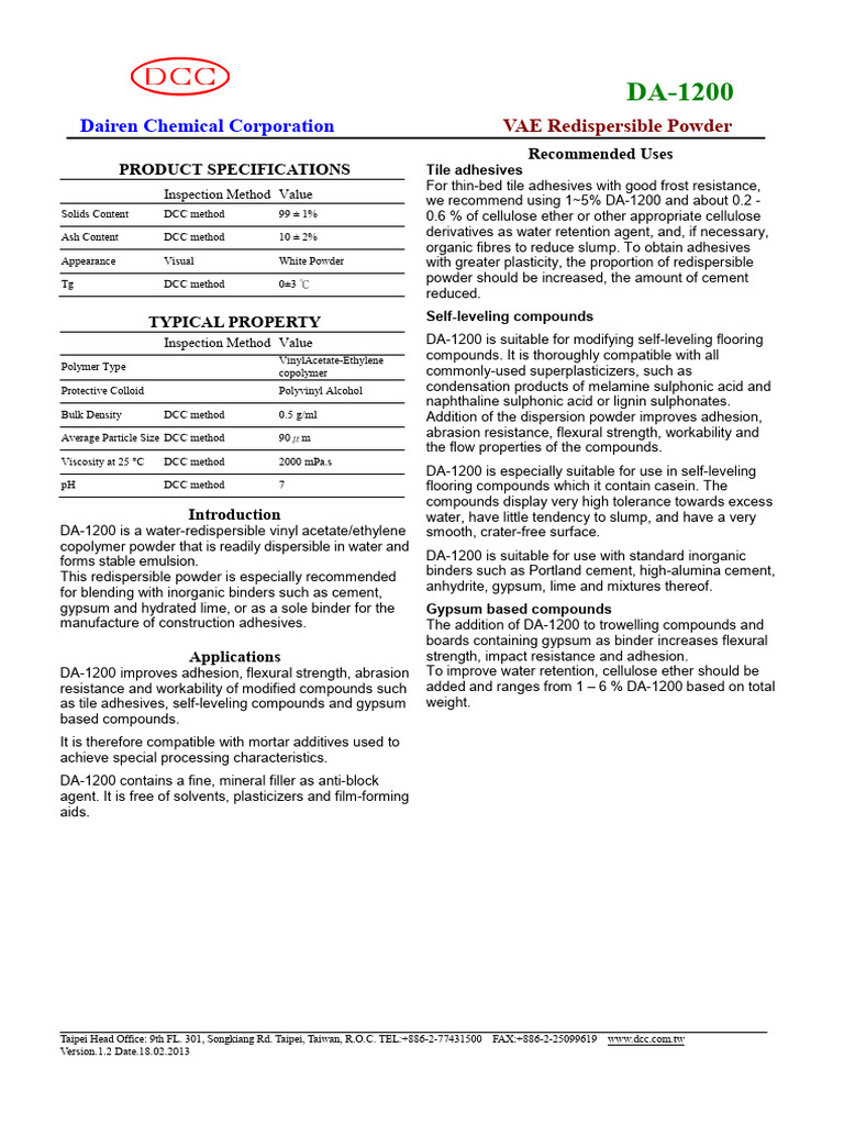 DA-1200-TDS-E | PDF | Mortar (Masonry) | Lime (Material)