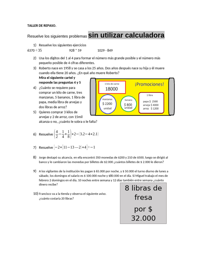 Taller de Repaso Operaciones Básicas | PDF