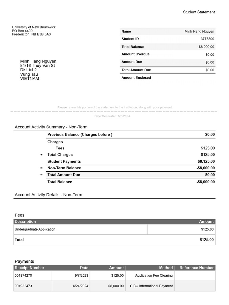 Receipt of 8000 CAD_Fall 2024 UNB_NguyenMinhHang | PDF | Payments