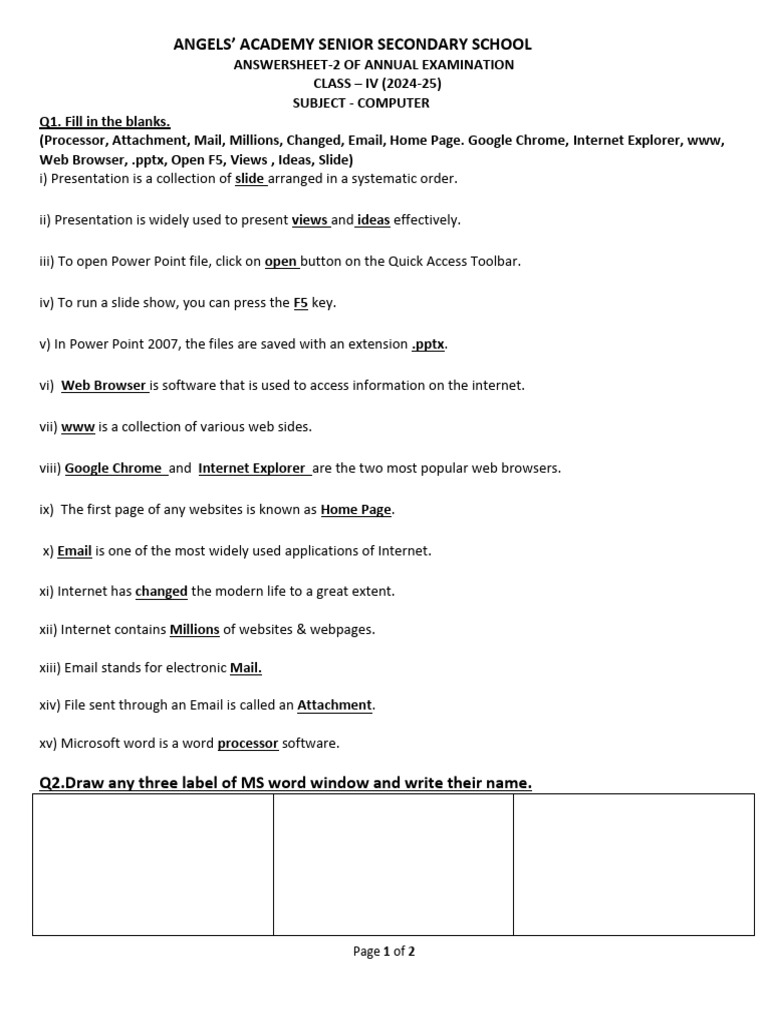 Class IV Computer Exam Answers 2024 | PDF
