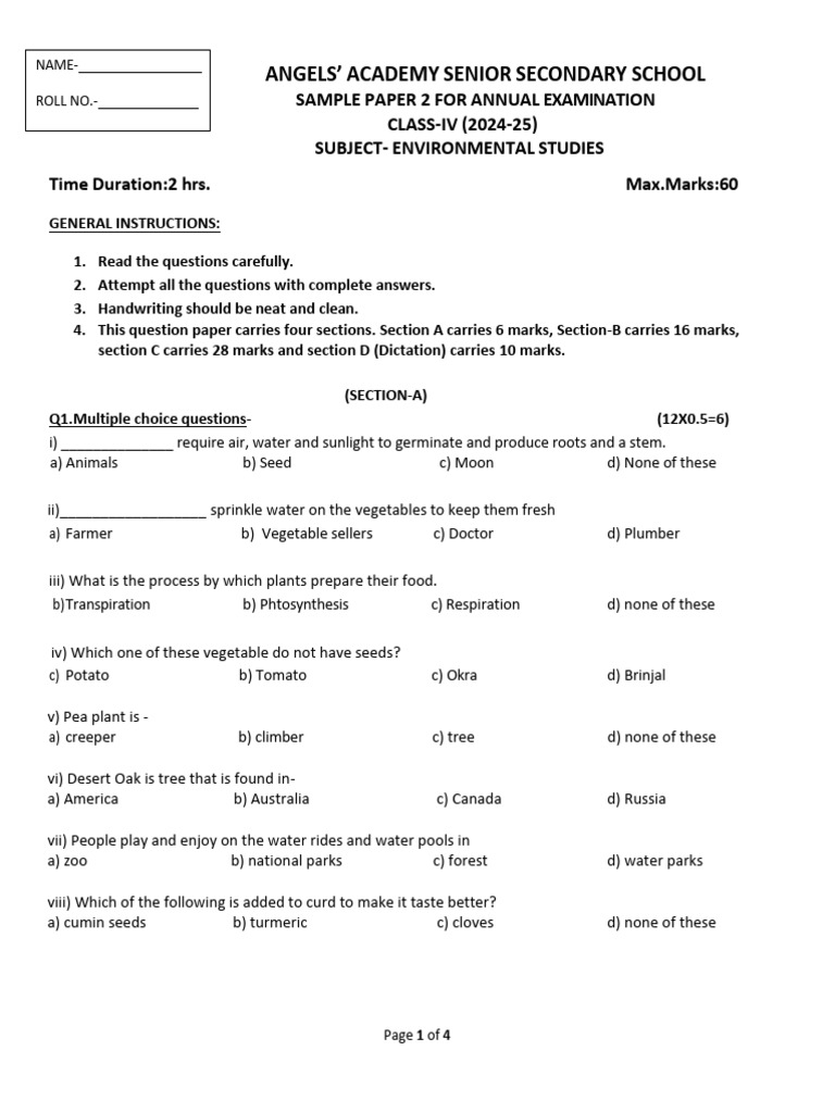 Class 4 EVS Sample Exam Paper | PDF | Trees | Plants