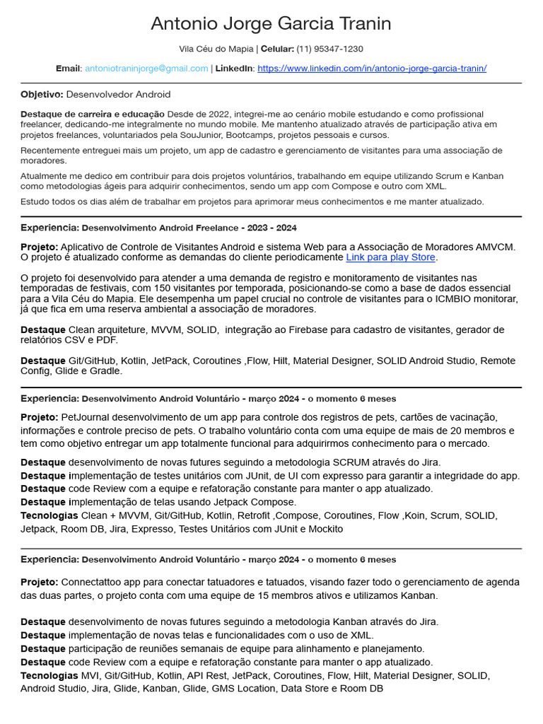 Desenvolvedor Android: Projetos e Experiência | PDF | Android (sistema ...