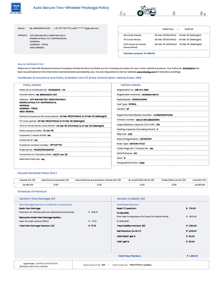 Current Policy Biswanath Dey 1 | PDF | Insurance | Receipt