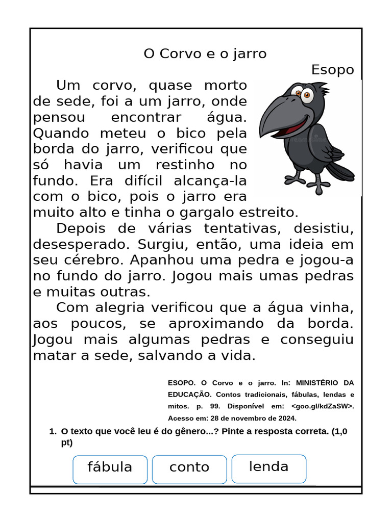 Fábula de Esopo: O Corvo e o Jarro | PDF | Portugal