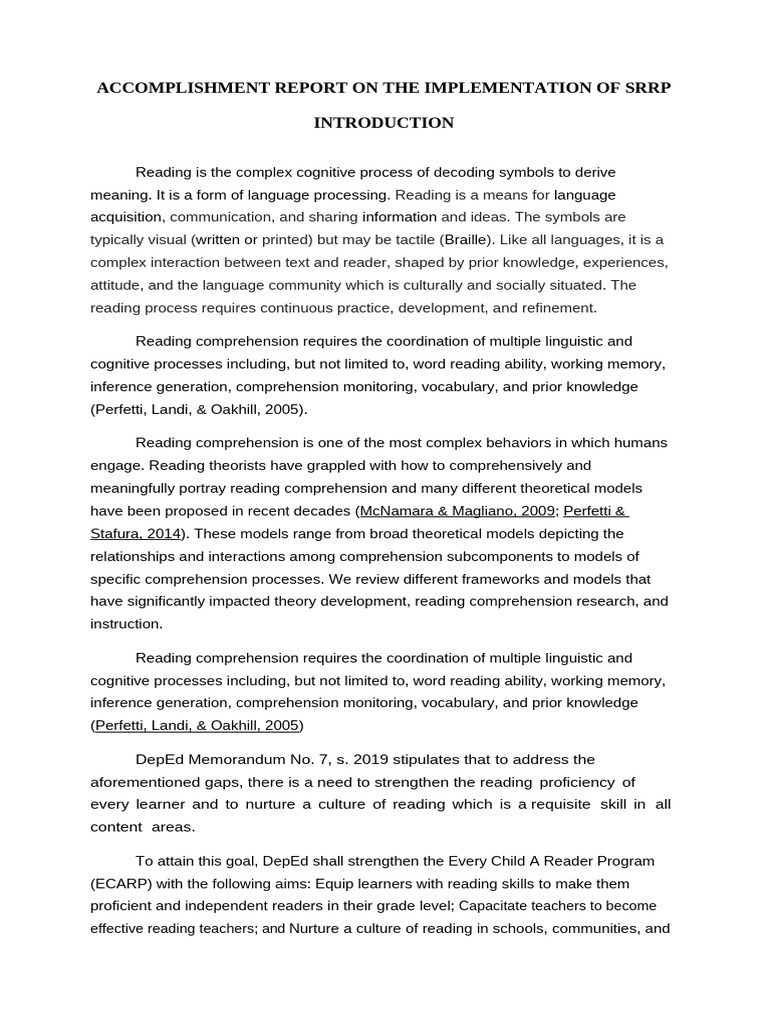 SRRP Implementation Accomplishment Report | PDF | Reading Comprehension ...