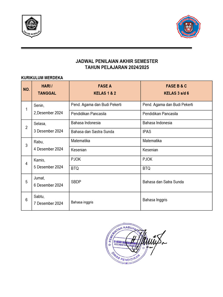 Jadwal Penilaian Akhir Semester Ganjil | PDF