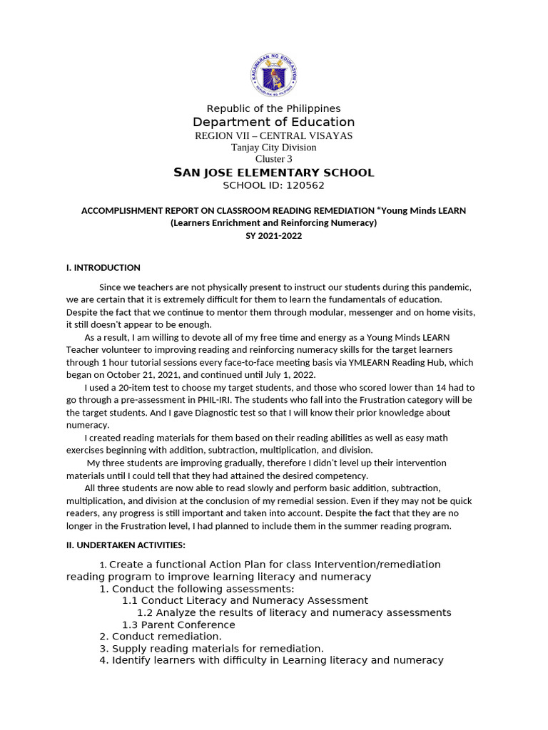 Reading Remediation Accomplishment Report | PDF | Literacy | Teachers