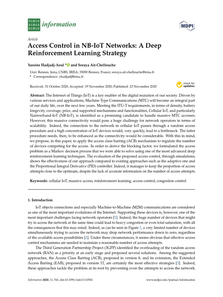 Access Control in NB-IoT Networks a Deep Reinforcement Learning Strategy | PDF | Control Theory ...