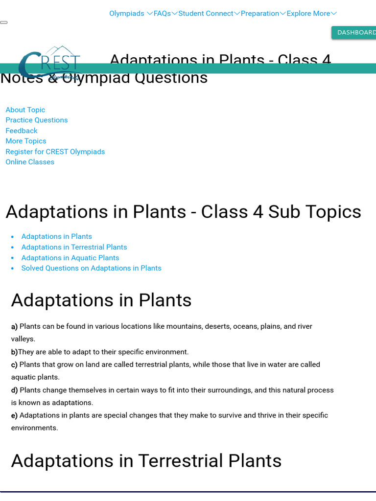 Adaptations in Plants Notes - Science Olympiad Class 4 | PDF | Trees | Leaf
