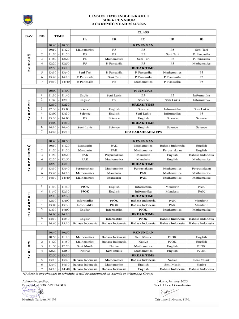 Grade 1 Lesson Timetable | PDF