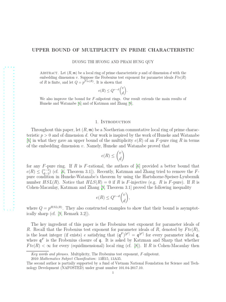 Upper Bound of Multiplicity in Prime Characteristic | PDF | Ring ...