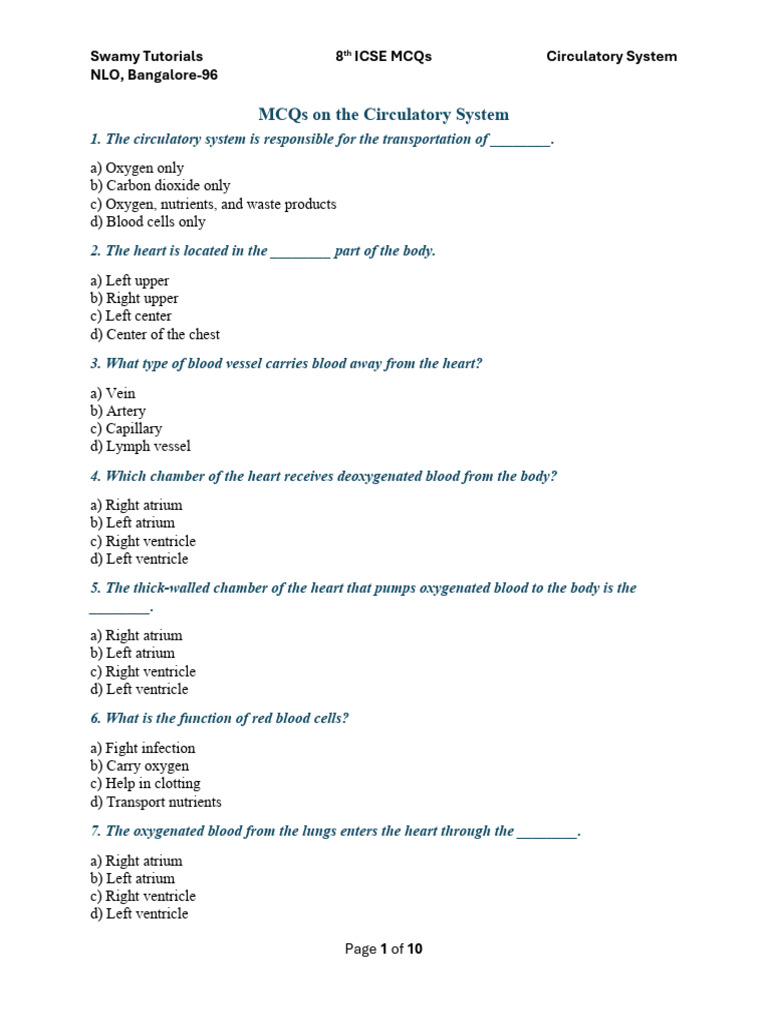 8th ICSE MCQs - Circulatory System | PDF | Circulatory System | Heart