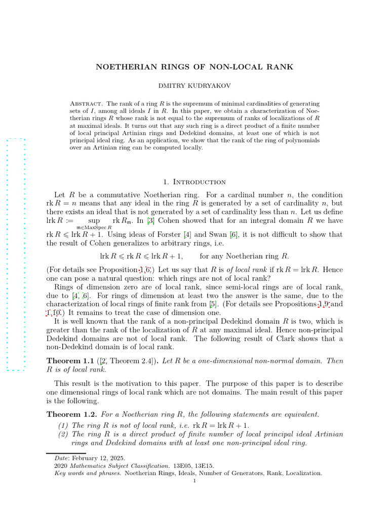Noetherian Rings of Non-Local Rank | PDF | Ring (Mathematics) | Mathematical Concepts