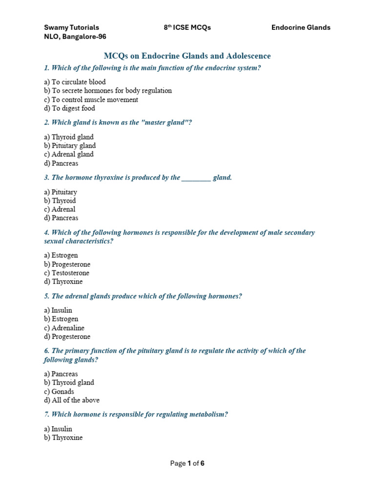 ICSE 8th Grade MCQs on Endocrine Glands | PDF | Endocrine System | Hormone