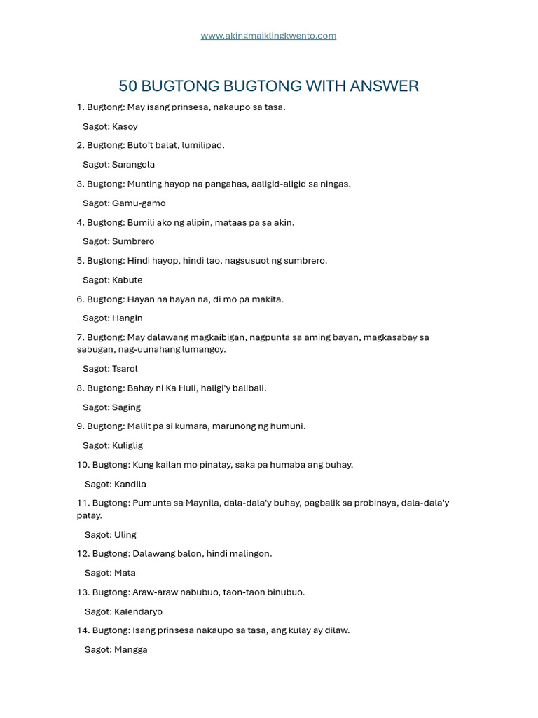 50 Bugtong Bugtong With Answer | PDF