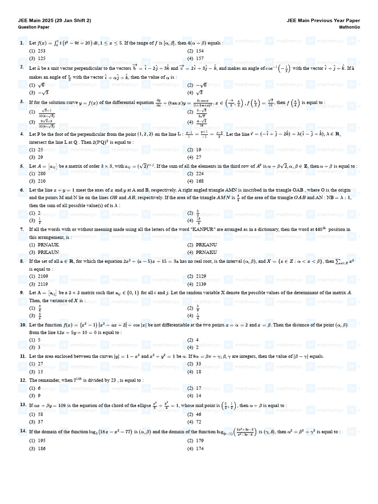 JEE Main 2025 (29 Jan Shift 2) Previous Year Paper With Answer Keys - MathonGo | PDF | Triangle ...