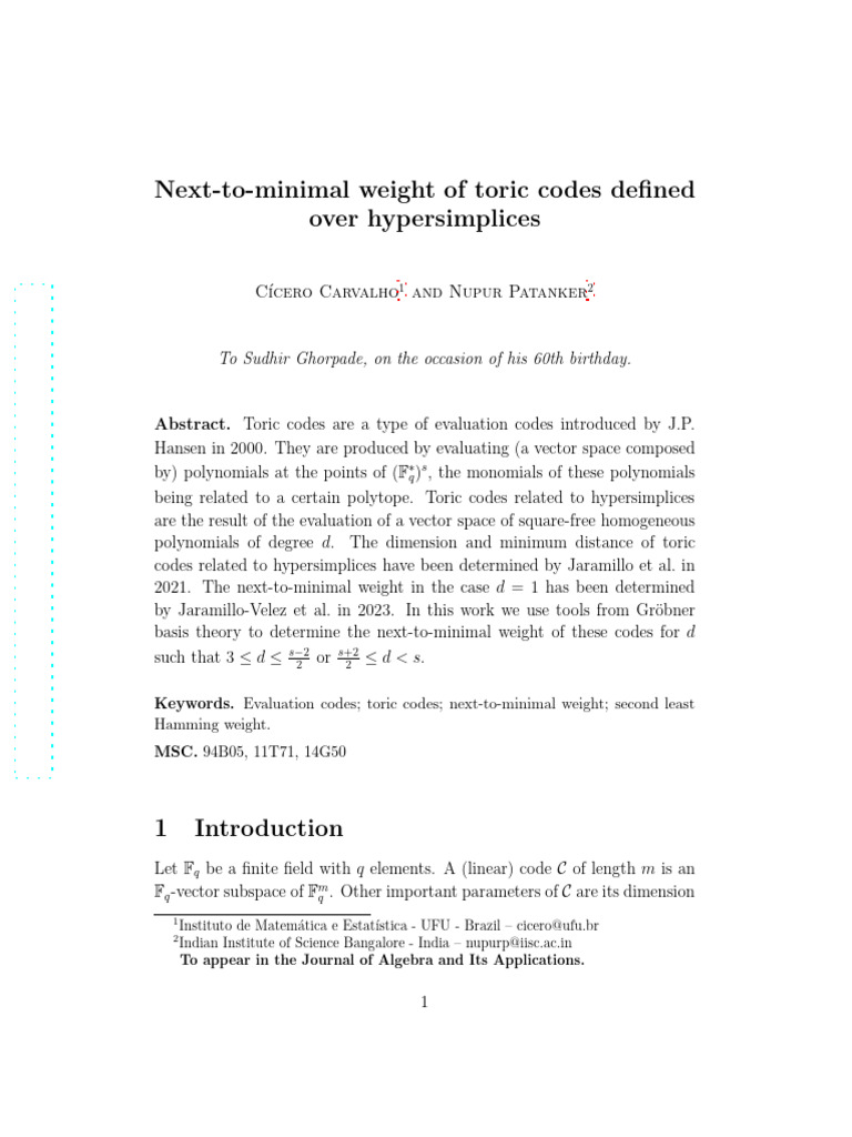 Next-To-Minimal Weight of Toric Codes Defined Over Hypersimplices | PDF | Algebra | Abstract Algebra