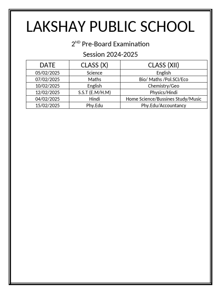 Lakshay Public School 2024-2025 Exam Schedule | PDF