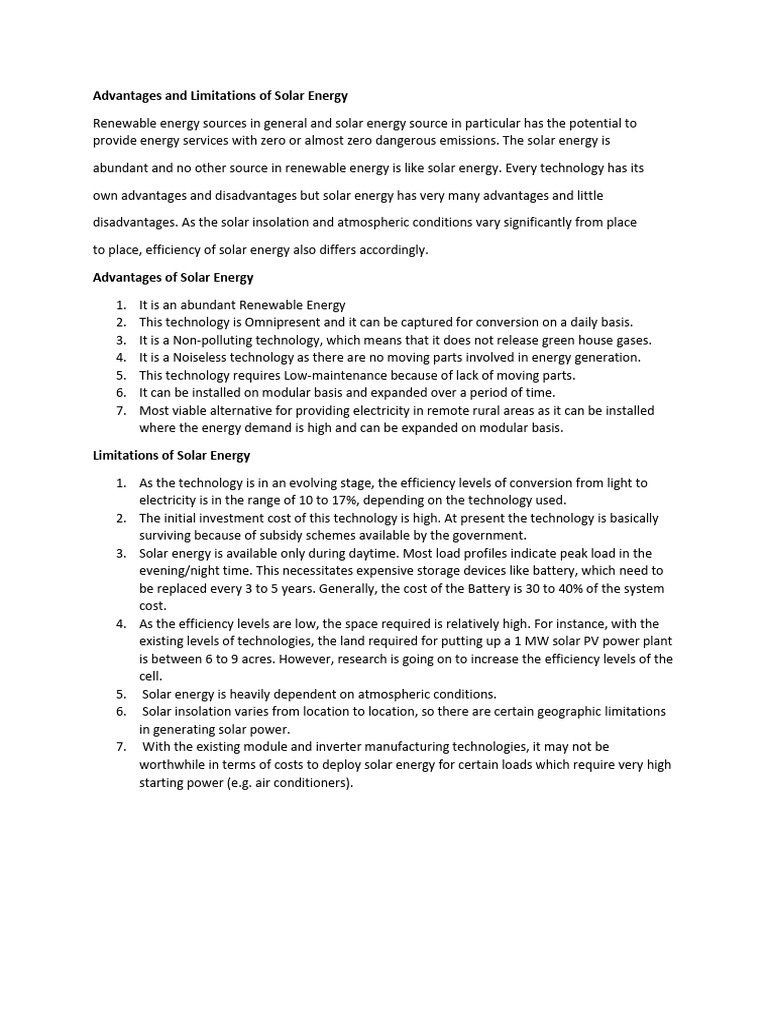 Advantages and Limitations of Solar Energy | PDF | Solar Power | Solar ...