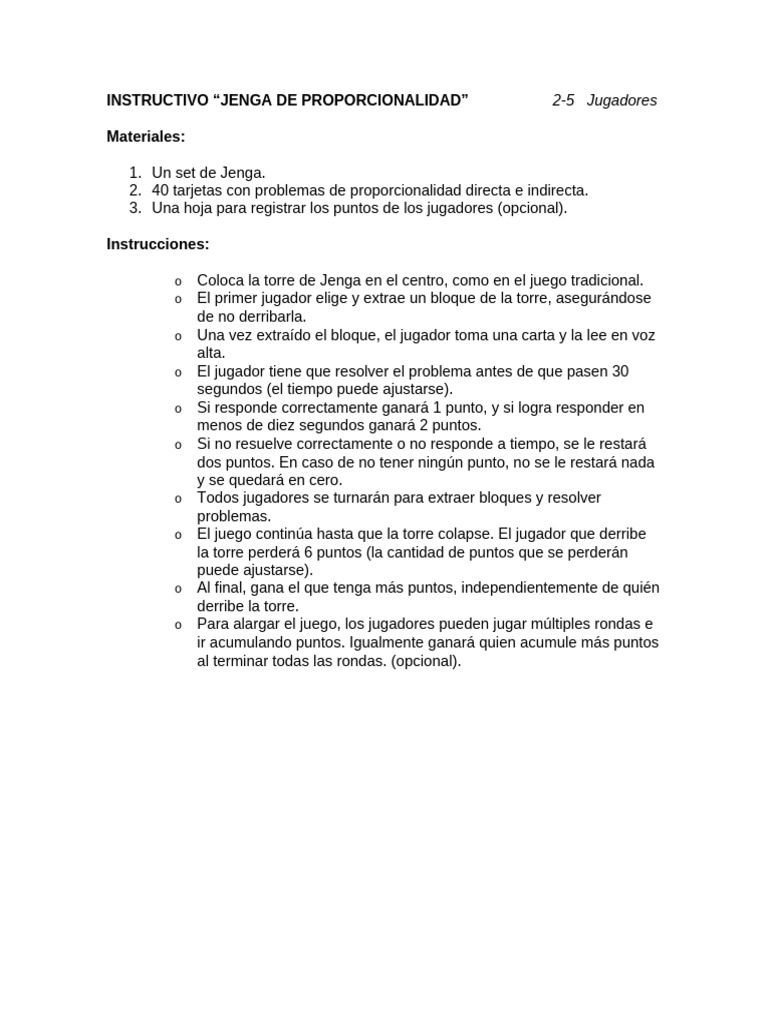 Jenga Matemático: Proporcionalidad | PDF