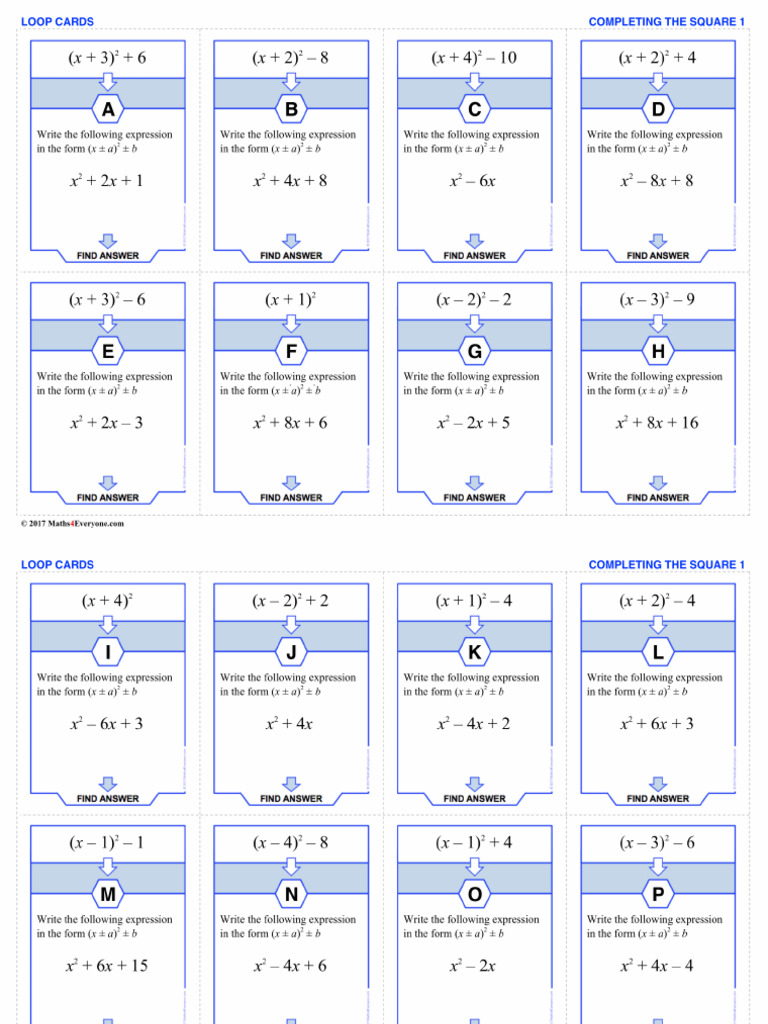 Mini Cards Completing The Square 1 | PDF