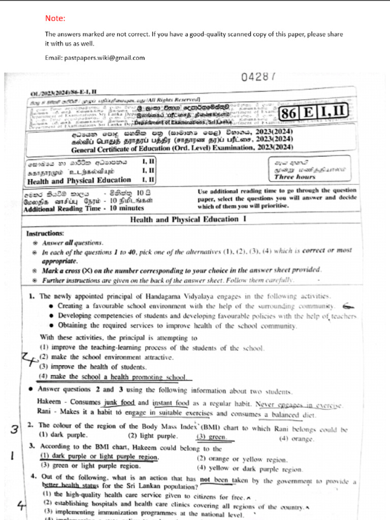 OL Health Past Paper and Answers English Medium | PDF