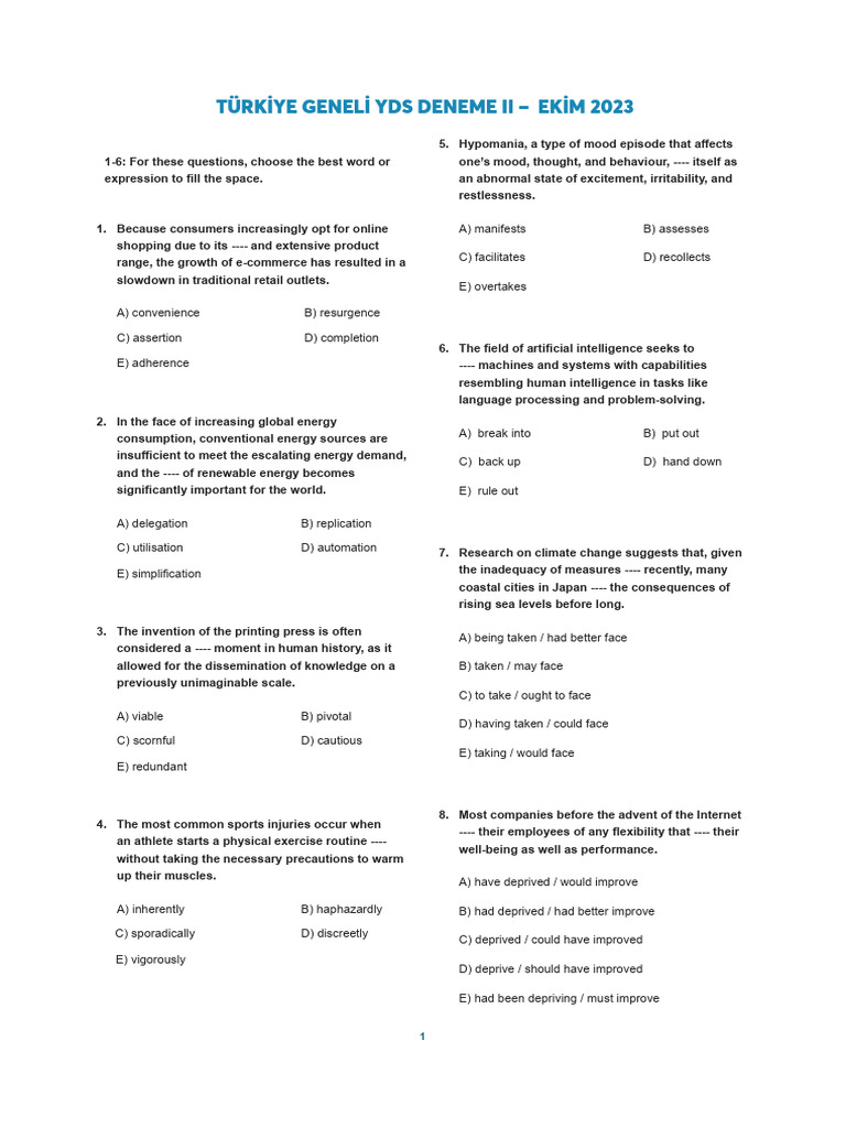 Turkiye Geneli Yds Deneme II Ekim 2023 | PDF | Virtual Reality | Globalization