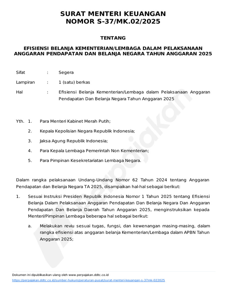 Surat Menteri Keuangan Nomor - S-37 - MK.02 - 2025 | PDF