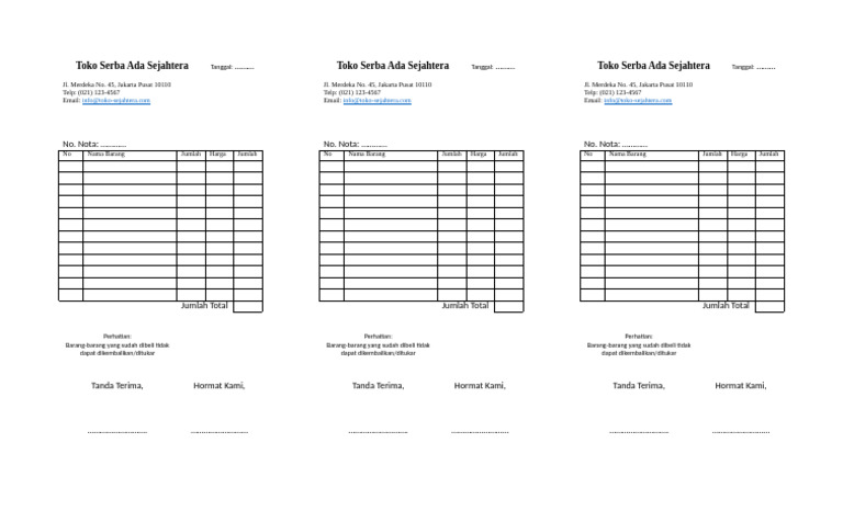 Template Nota Penjualan Toko Sejahtera | PDF