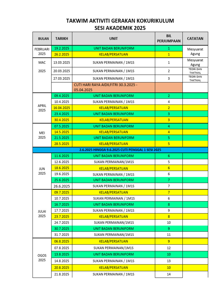 Takwim Aktiviti Gerakan Kokurikulum Final | PDF