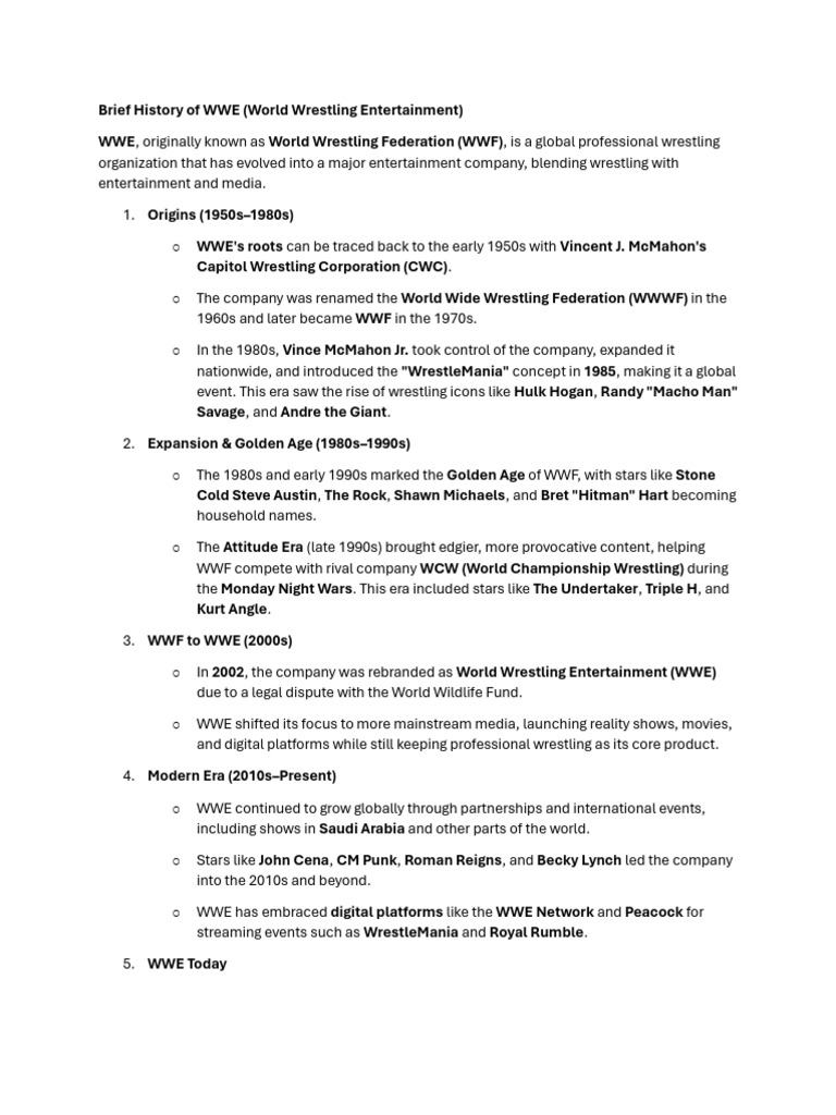 Brief History of WWE | PDF | Wwe | Professional Wrestling Shows