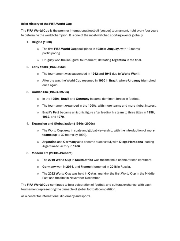 Brief History of The FIFA World Cup | PDF