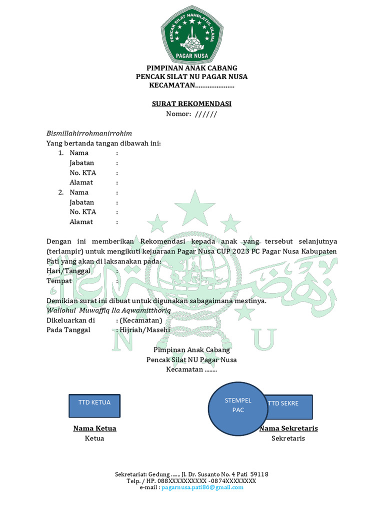 Contoh Surat Rekomendasi Pac PN Cup 2023 | PDF