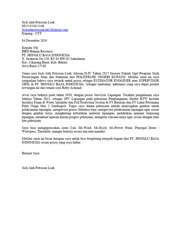 Lamaran Jack Aldi di PT. Honglu Baja | PDF