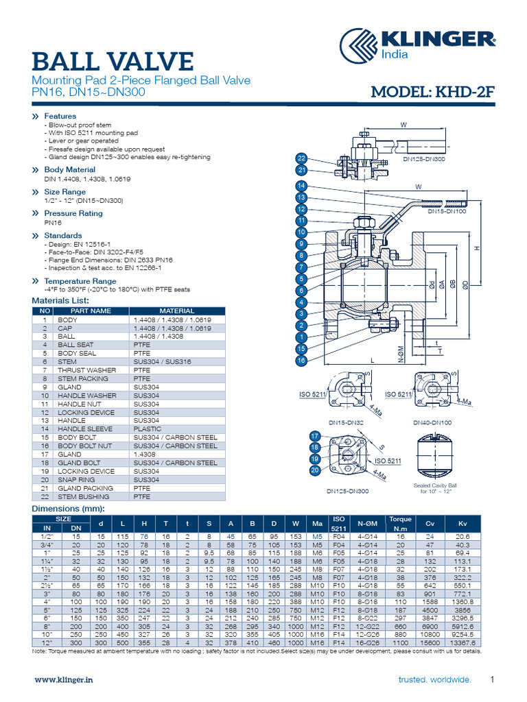Klinger KHD 2F Flanged Ball Valve Datasheet | PDF | Mechanical Engineering