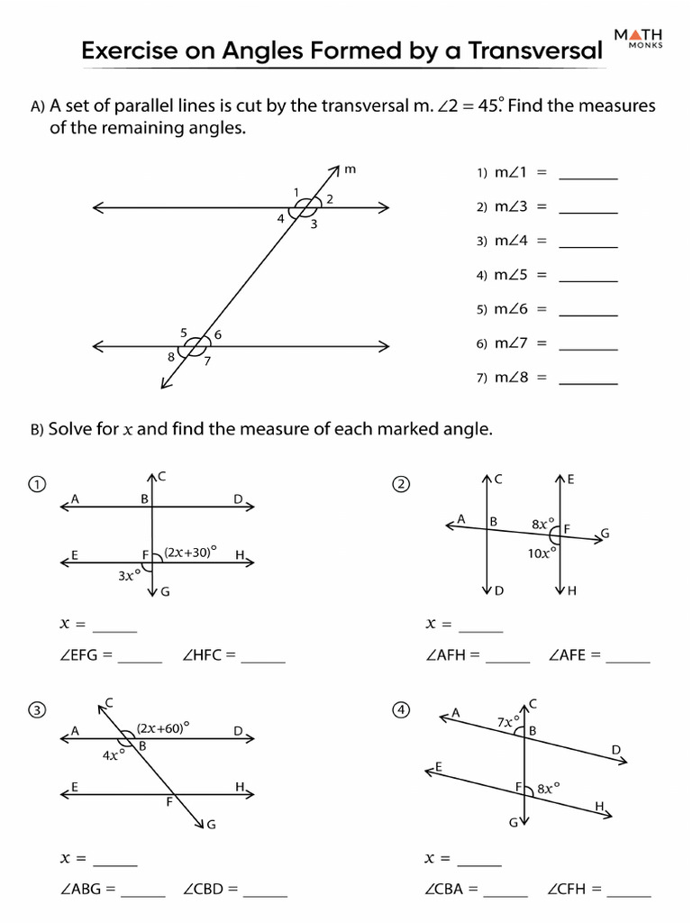 Finding Angle Measures Parallel Lines Cut Transversal Worksheet | PDF